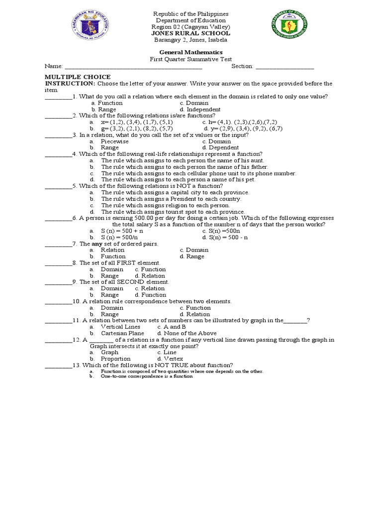 General Mathematics q1 Exam | PDF | Function (Mathematics) | Exponentiation