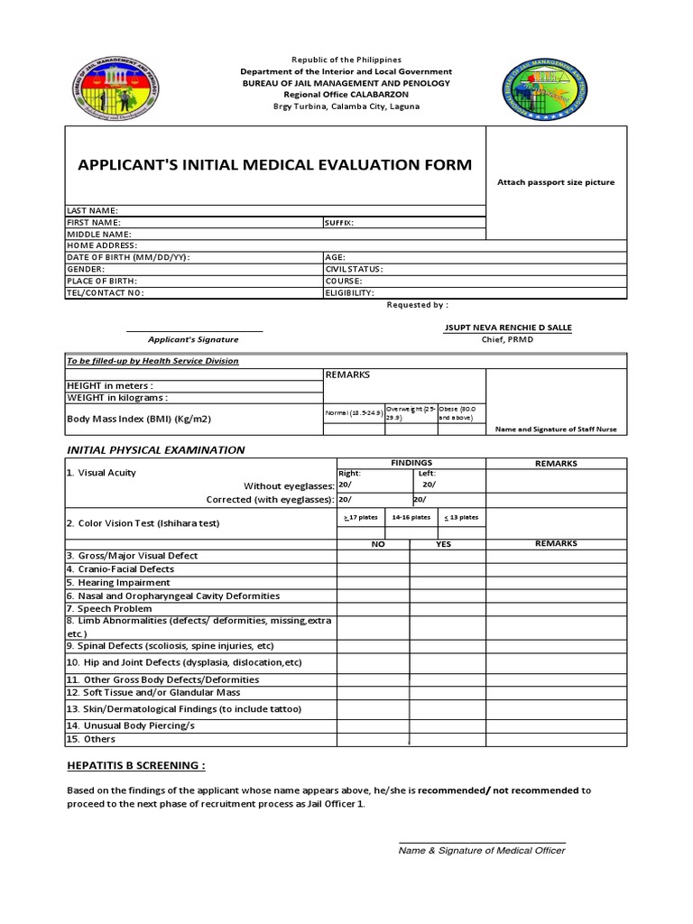 Initial Medical Eval Form (JO1 Applicant) | PDF | Body Mass Index | Obesity