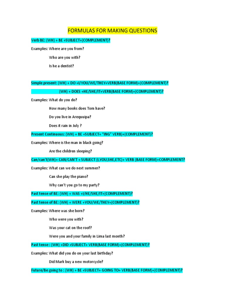 Formulas For Making Questions | PDF | Language Arts & Discipline ...