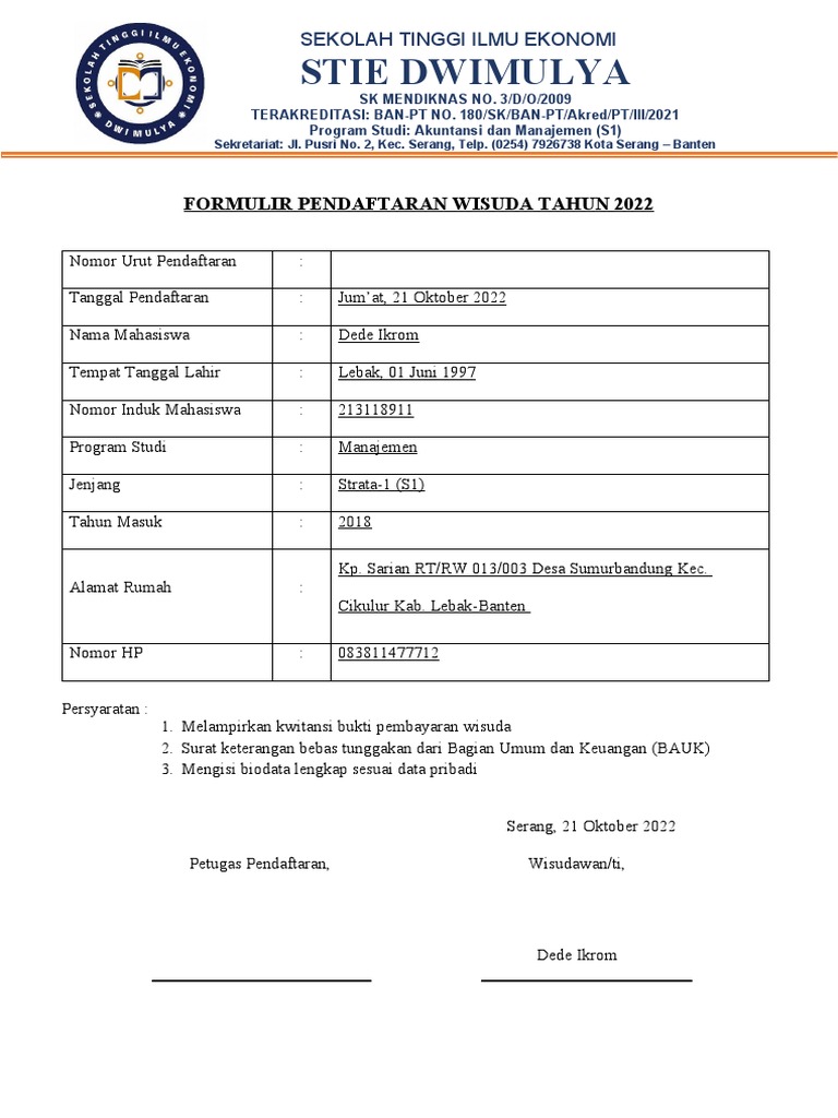 FORMULIR PENDAFTARAN WISUDA TAHUN 2022 Dede Ikrom | PDF
