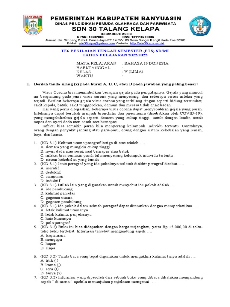 5 Soal & Jawaban PTS Bahasa Indonesia Kelas 5 Semester 1 Tahun 2021 Sinau-Thewe | PDF