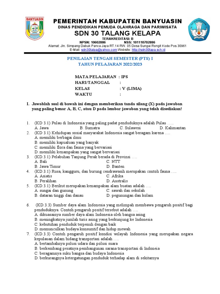 Soal Jawaban Pts Ips Kelas 5 Semester 1 Tahun 2021 Sinau Thewe Pdf