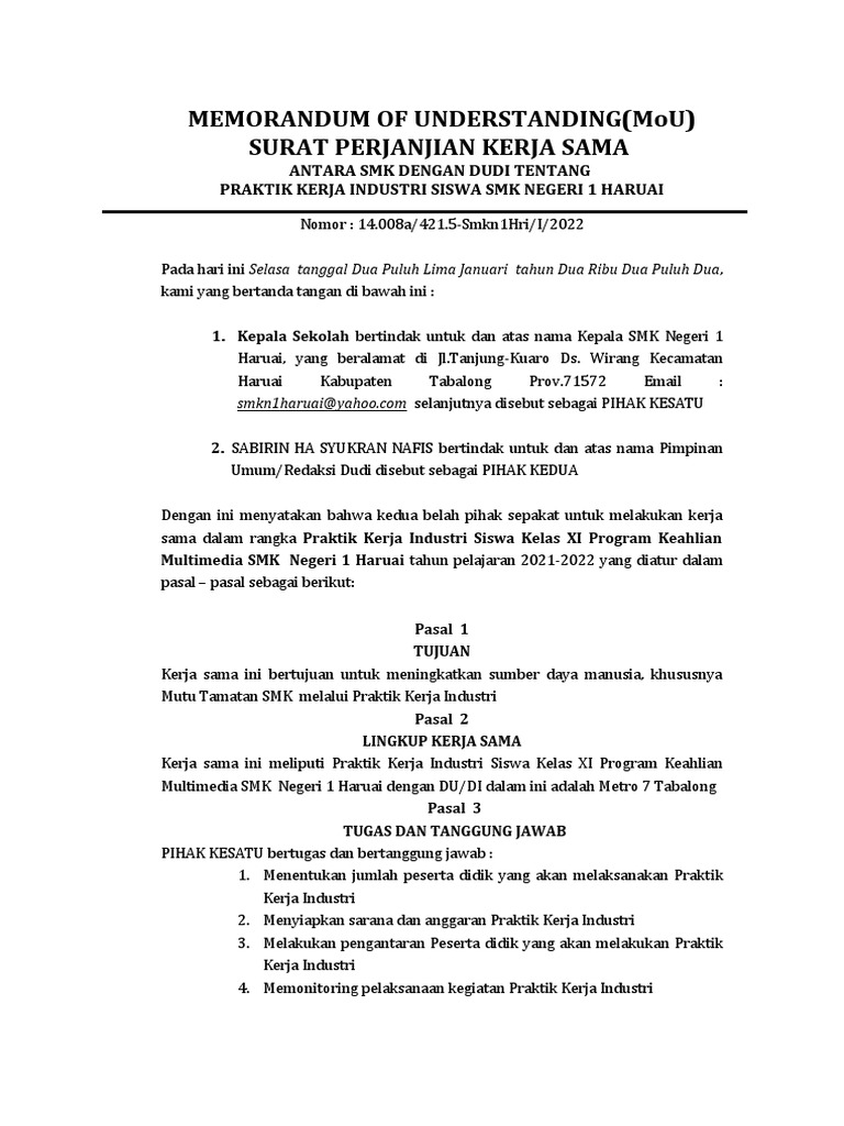 Surat Perjanjian Mou SMKN 1 Haruai | PDF