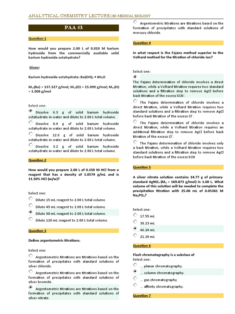 Quiz 3 | Download Free PDF | Titration | Chemistry