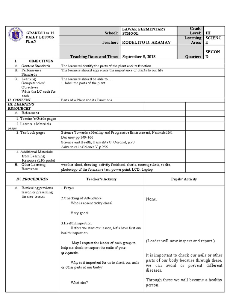 Parts of Plants Lesson Plan Science 3 | PDF | Plants | Flowers