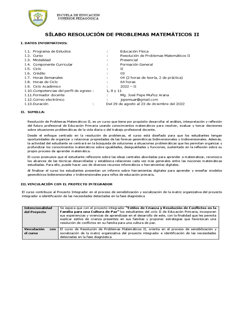 Silabo Resolución de Problemas II - E.primaria II 2022.2 | PDF | Evaluación | Aprendizaje