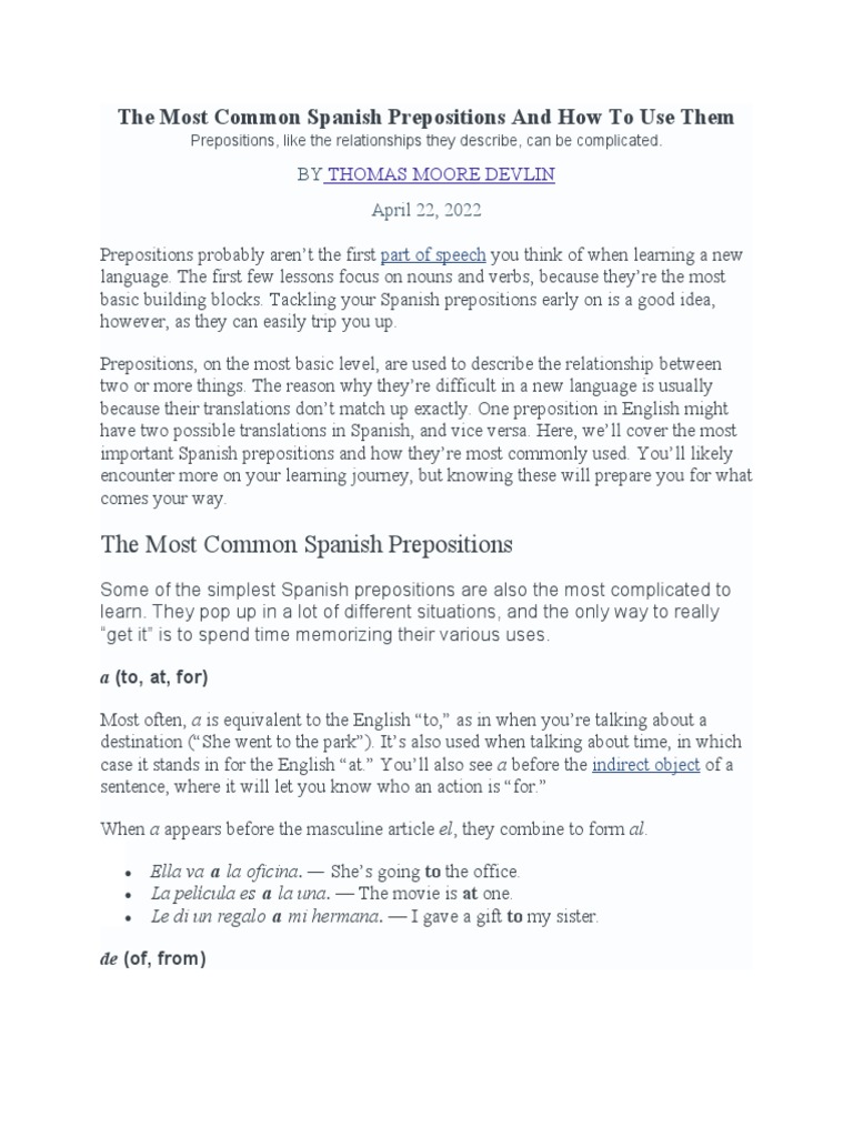 Common Spanish Prepositions Explained | PDF | Preposition And ...