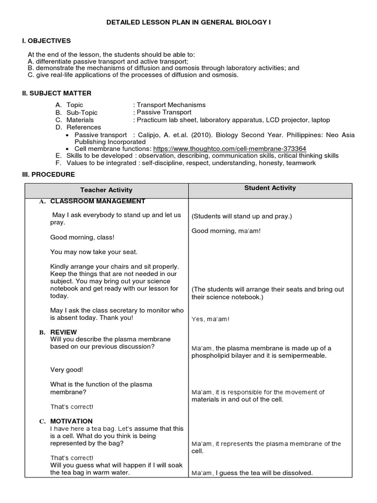 Sample Detailed Lesson Plan With Lab Activity 2022 2023 | PDF | Osmosis ...