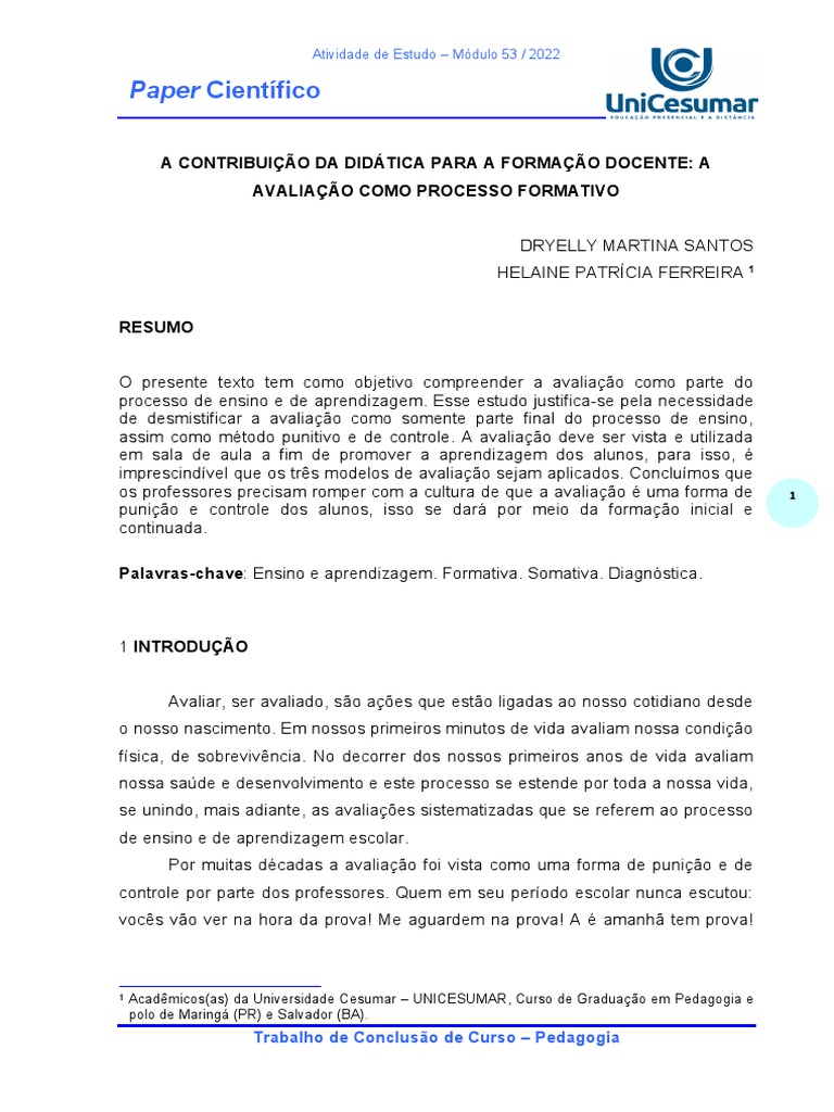 Modelo TCC Unicesumar | PDF | Pedagogia | Aprendizado