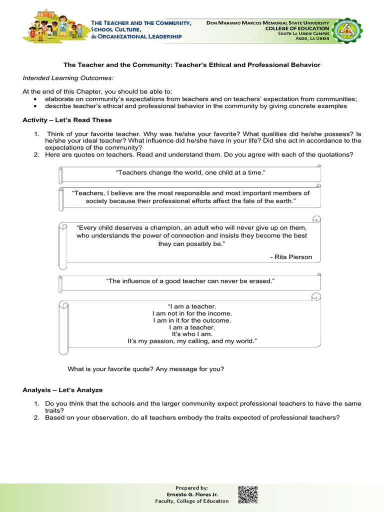 Lesson 7 The Teacher and The Community - Teacher's Ethical and ...