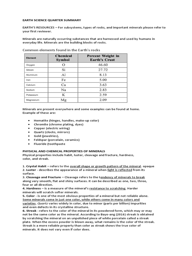 Earth Science 1ST Quarter Summary | PDF | Minerals | Water