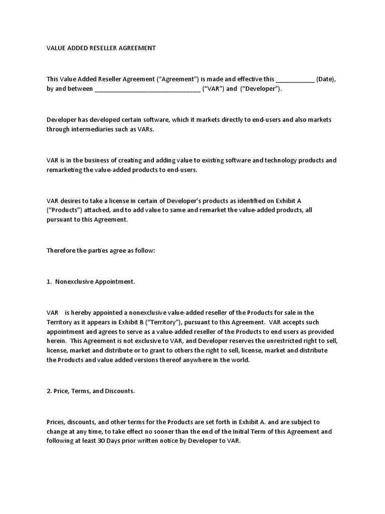 Value Added Reseller Agreement | PDF | Indemnity | Breach Of Contract Value Added Reseller Agreement | PDF | Indemnity | Breach Of Contract