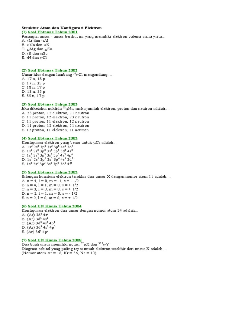 Soal Struktur Atom Dan Konfigurasi Elektron | PDF
