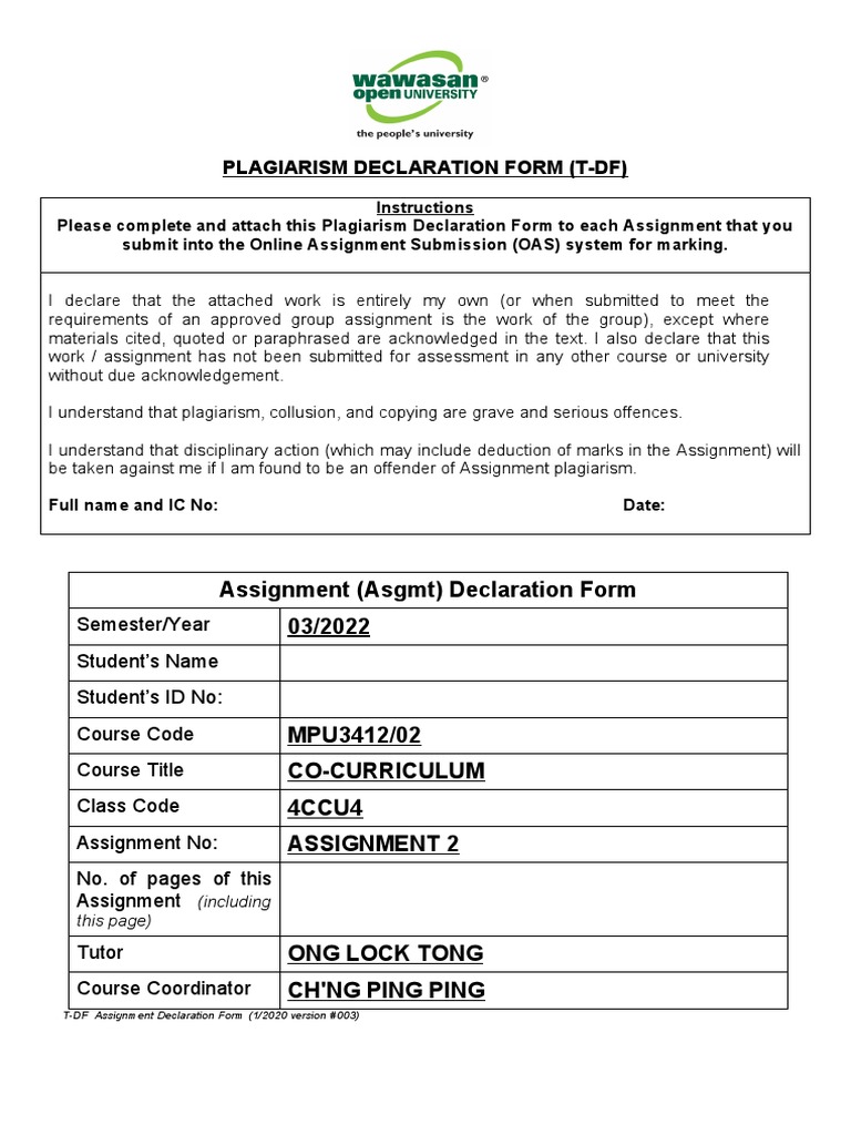 Plagiarism Declaration Form for Assignments | PDF | Career & Growth | Art