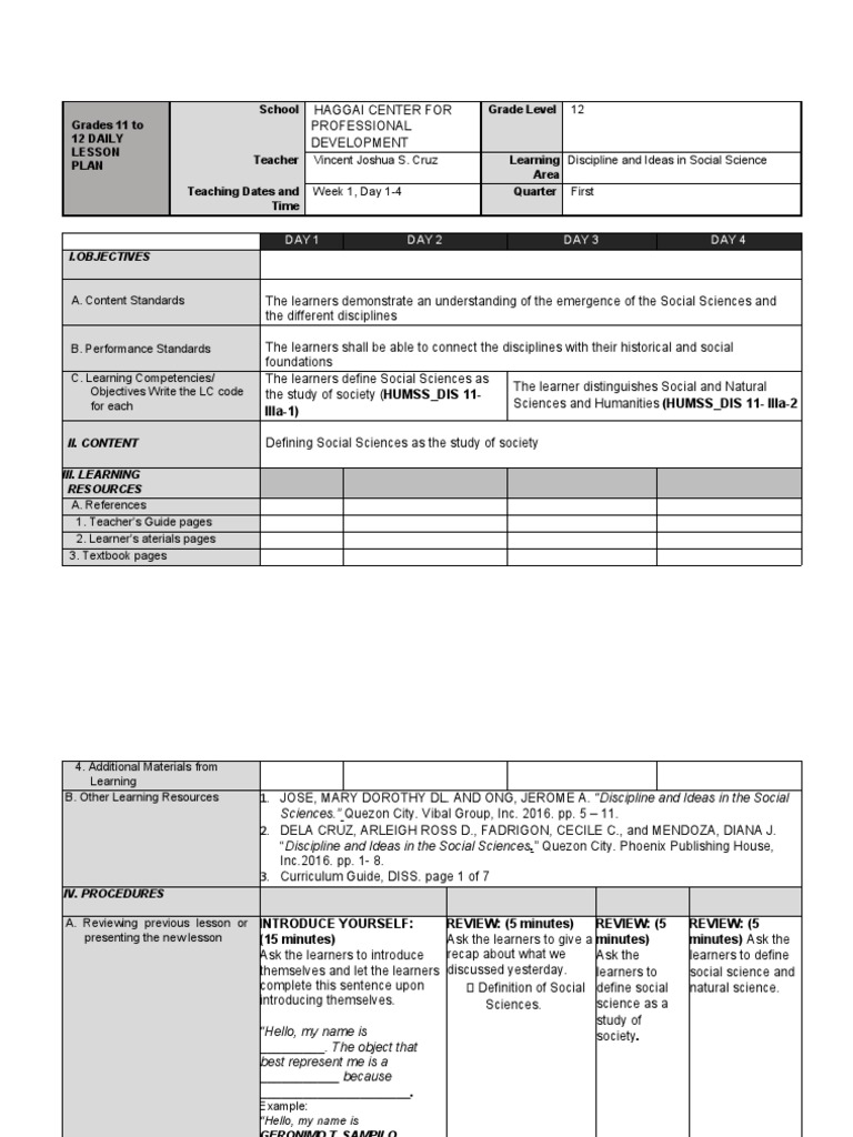 Grade 12 Social Science Lesson Plan | PDF | Science | Learning