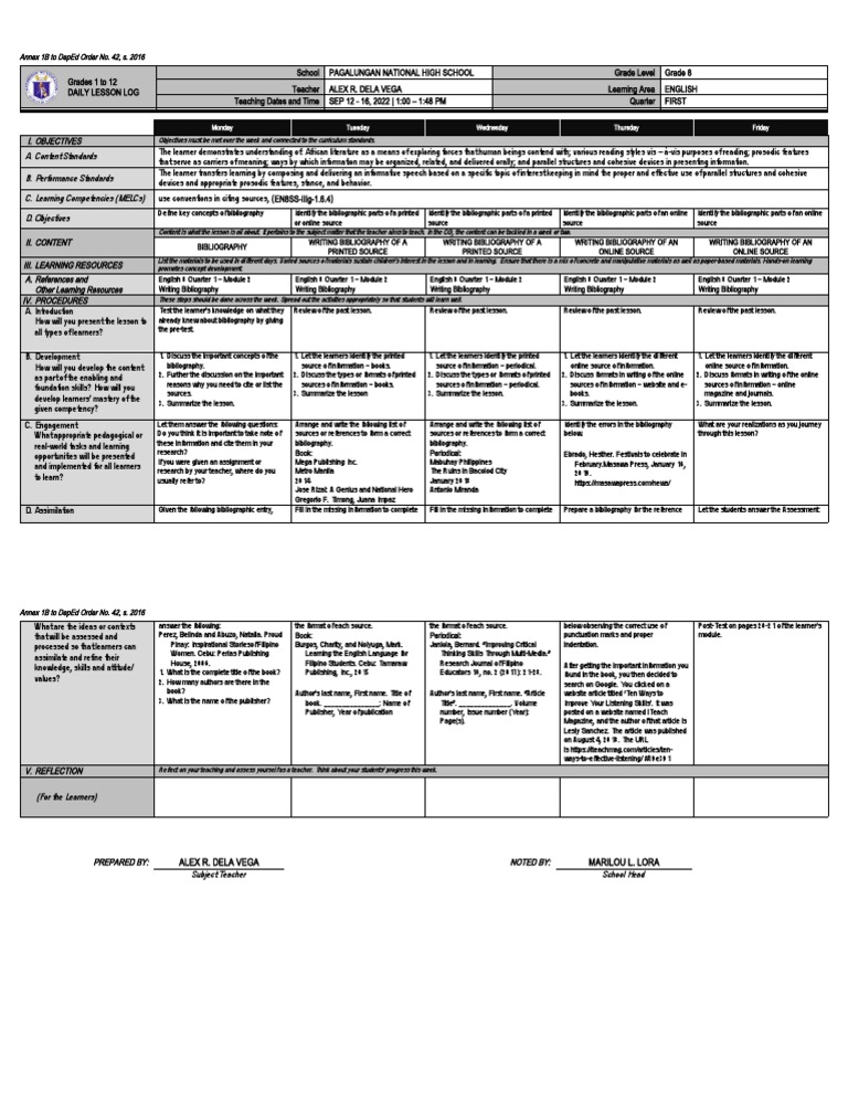DLL For Eng 8 - Q1 - Wk4 | PDF | Bibliography | Learning