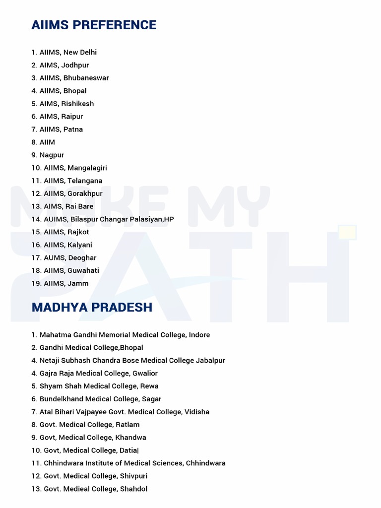 Neet Counselling Free (College Preference List by Makemypath) | PDF | Science & Mathematics