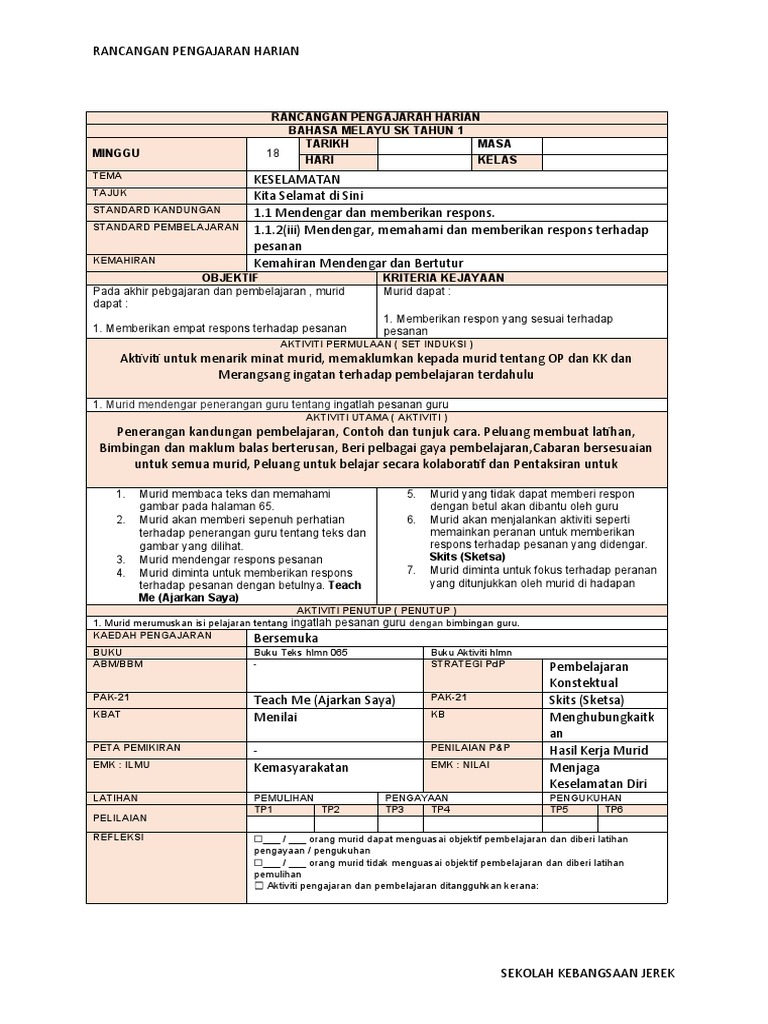 RPH Minggu 18 BM THN 1 | PDF