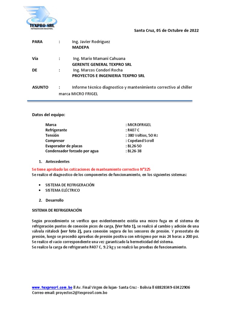 Informe Tecnico Chiller 325 | PDF | Refrigeración | Cantidades fisicas