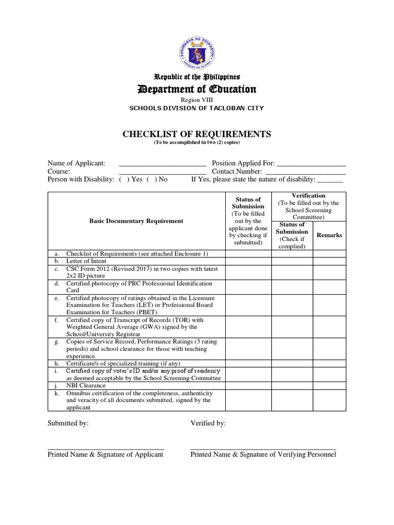 Checklist Of Requirements Pdf Signature