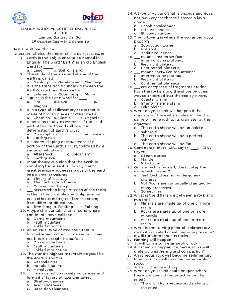 1st Quarter Exam Science 10 | PDF | Rock (Geology) | Volcano