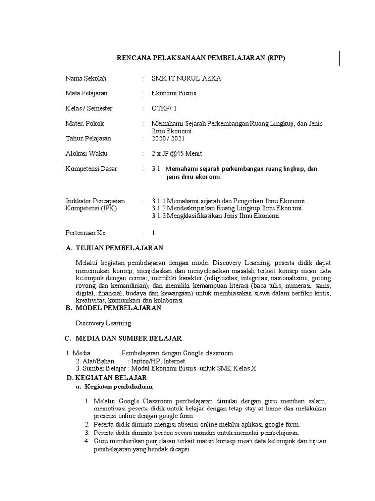 RPP Daring Ekonomi Bisnis Kelas X Otkp | PDF
