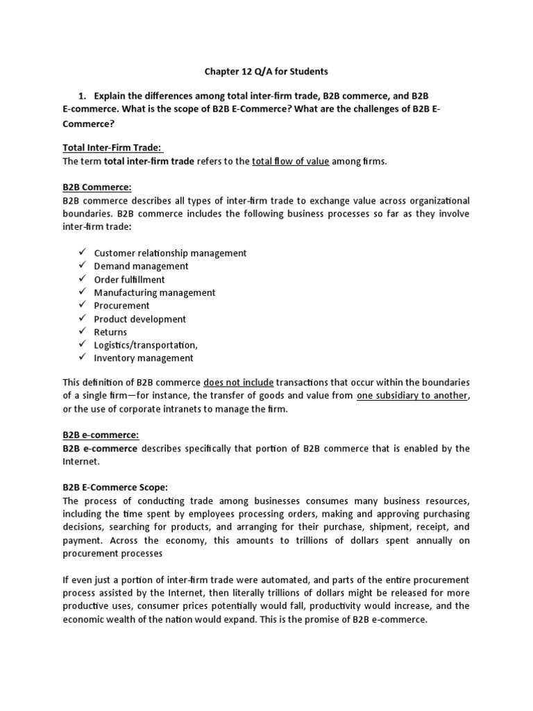 Chapter 12 Q/A Student Guide B2B E-Commerce | PDF | Supply Chain | E Commerce