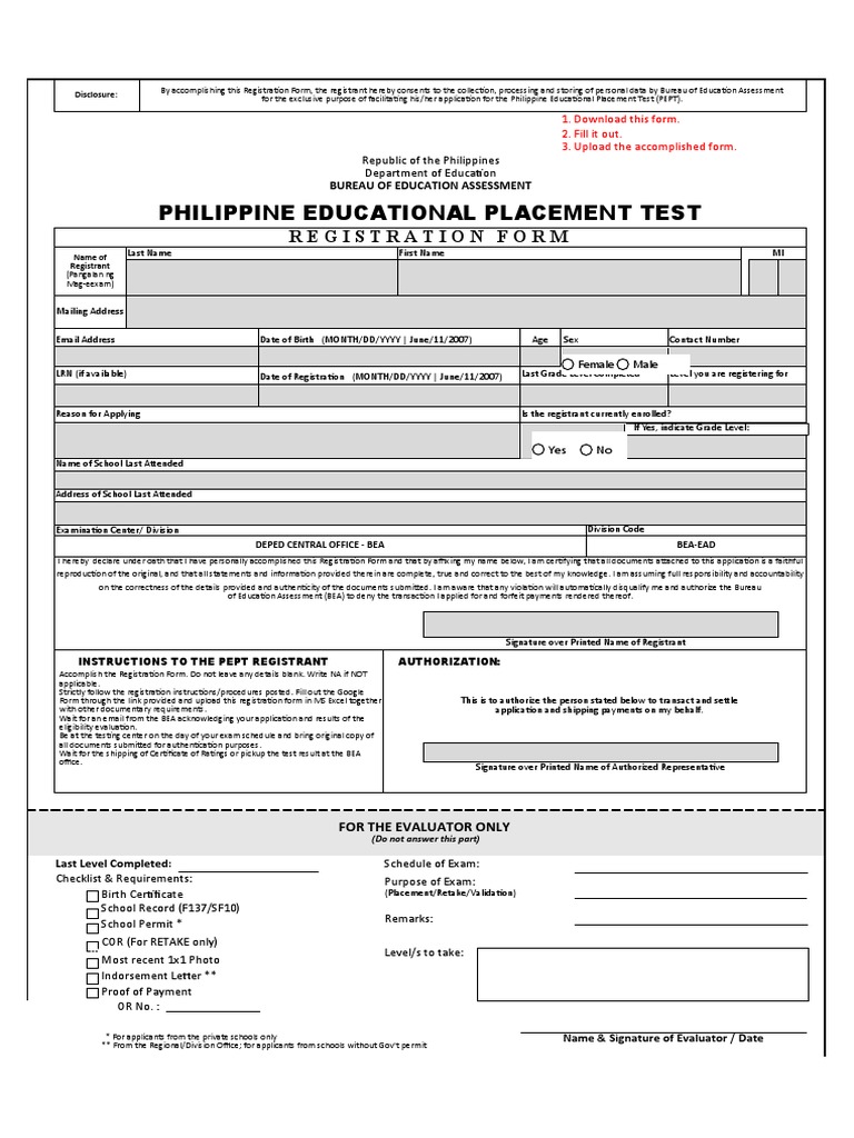 Registration Form for the Philippine Educational Placement Test | PDF ...