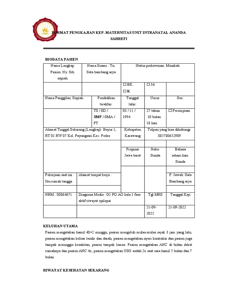 FORMAT ASKEP RESUME RUANG VK Ananda Sahrefi | PDF