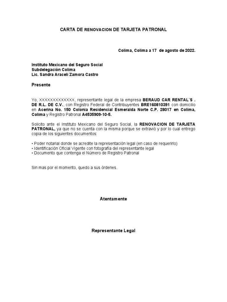 Escrito de Renovacion de Tarjeta Patronal | PDF