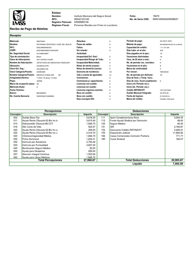 Recibo de Pago de Nómina: Emisor | PDF | Medicina | Especialidades Medicas