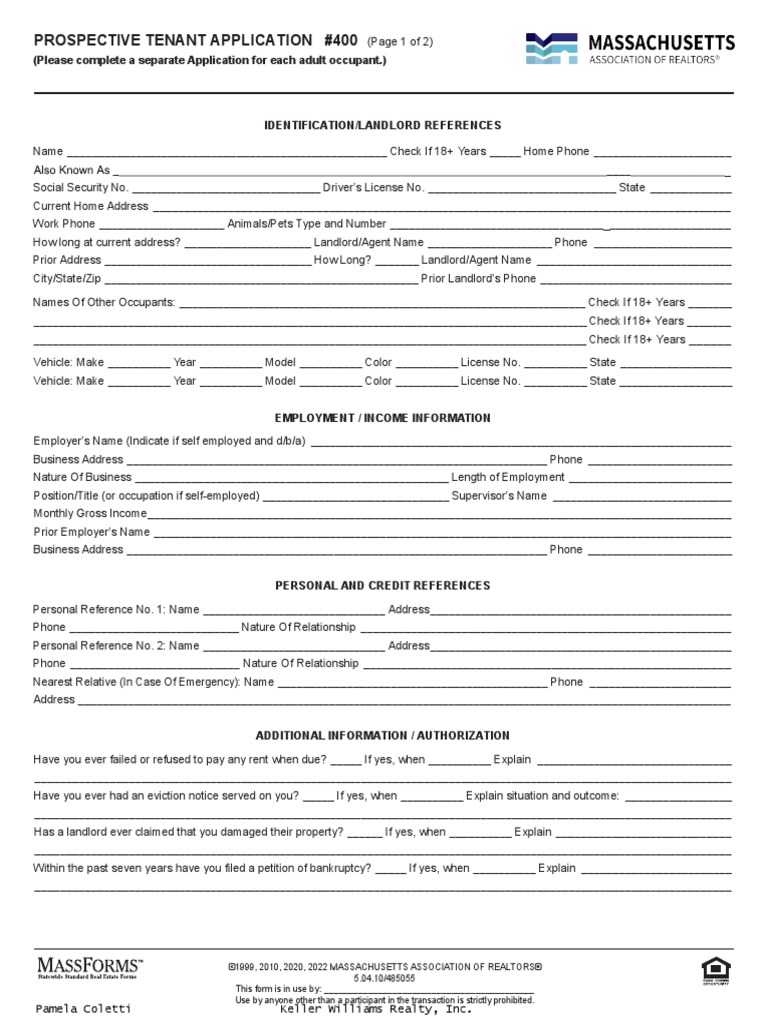 Mar - 400 - Prospective Tenant Application | PDF | Landlord | Leasehold ...