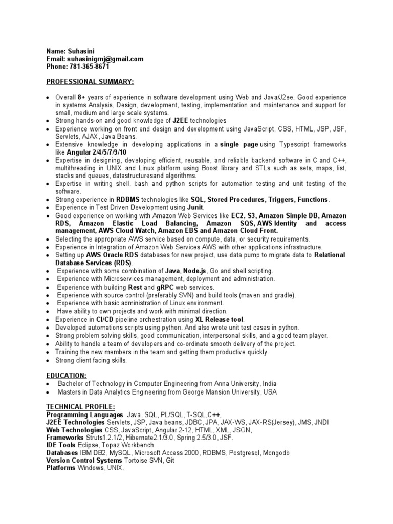 Suhasini K - Java Resume | PDF | Spring Framework | Amazon Web Services