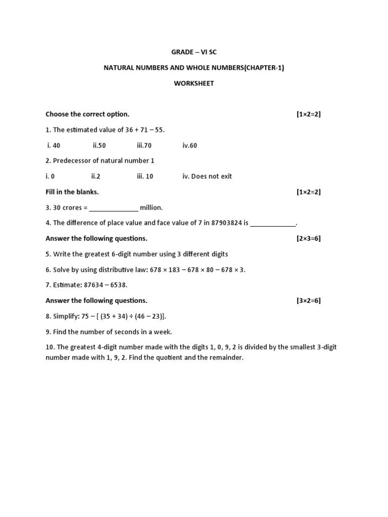 CH - 1 Large Numbers Worksheet 1 | PDF