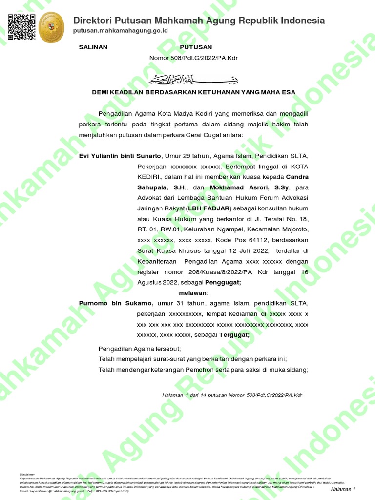Putusan 508 PDT.G 2022 Pa - KDR 20220906185745 | PDF