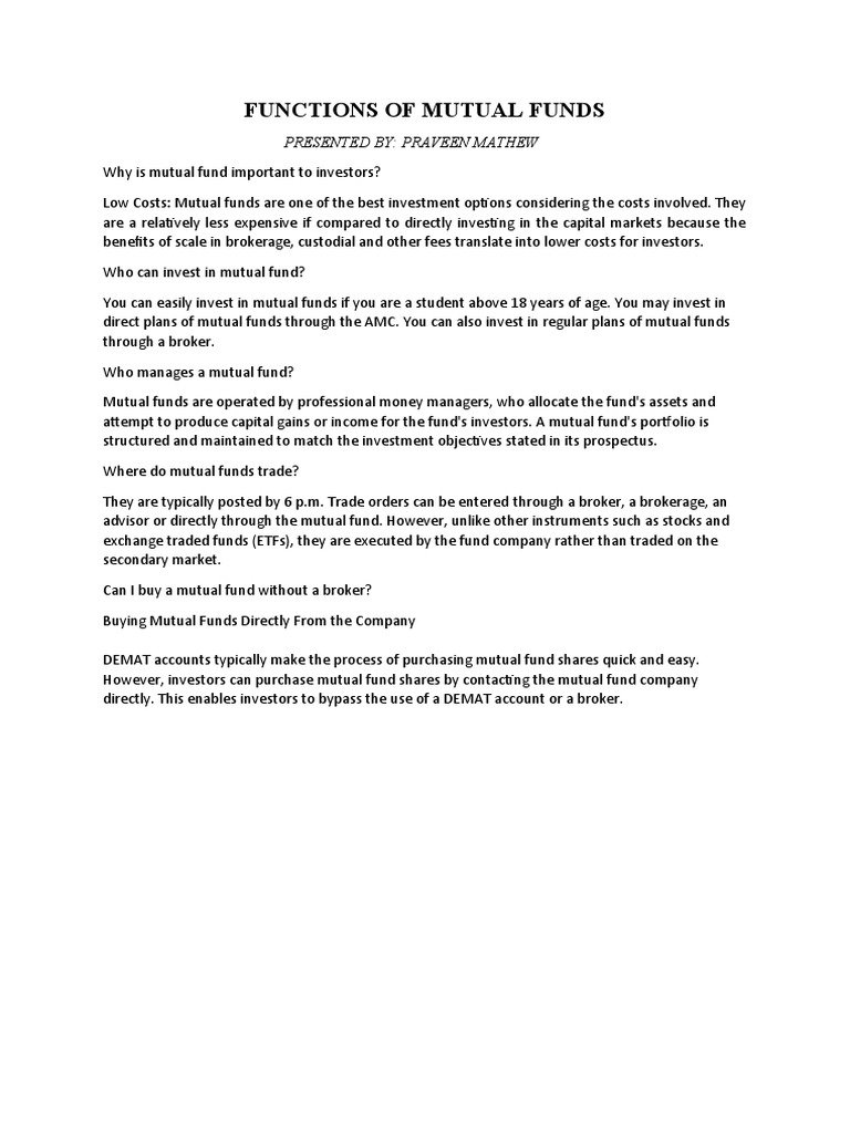 Functions of Mutual Funds Full | PDF