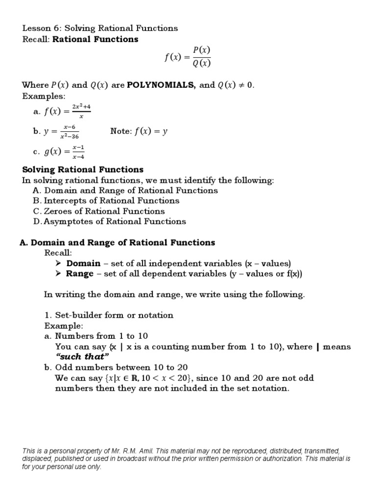 Lesson 6 Solving Rational Functions | PDF | Asymptote | Function (Mathematics)