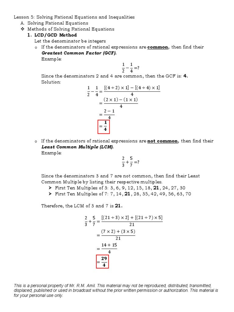 Lesson 5 Solving Rational Equations and Inequalities | PDF | Quadratic ...