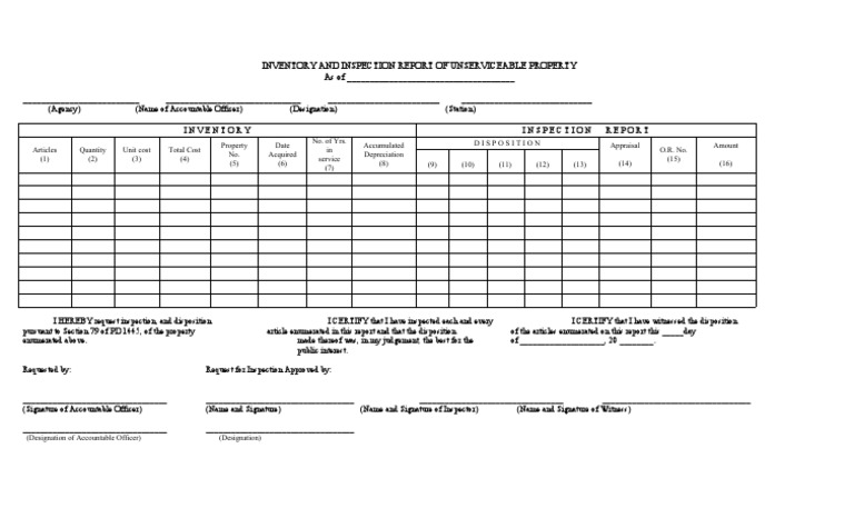Inventory and Inspection Report of Unserviceable Property | PDF ...