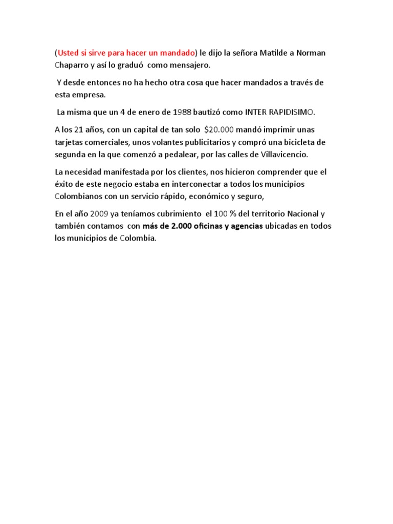Historia de Inter Rapidisimo | PDF | Negocios | Finanzas y dinero