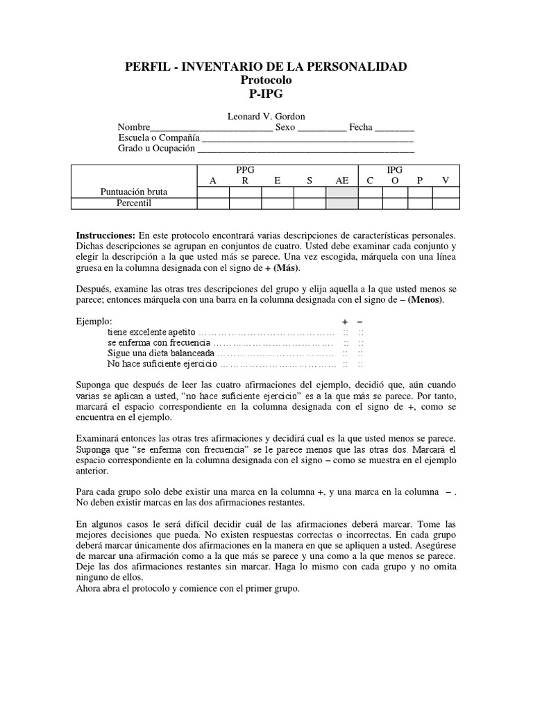 Protocolo - Test - Gordon P-IPG | PDF