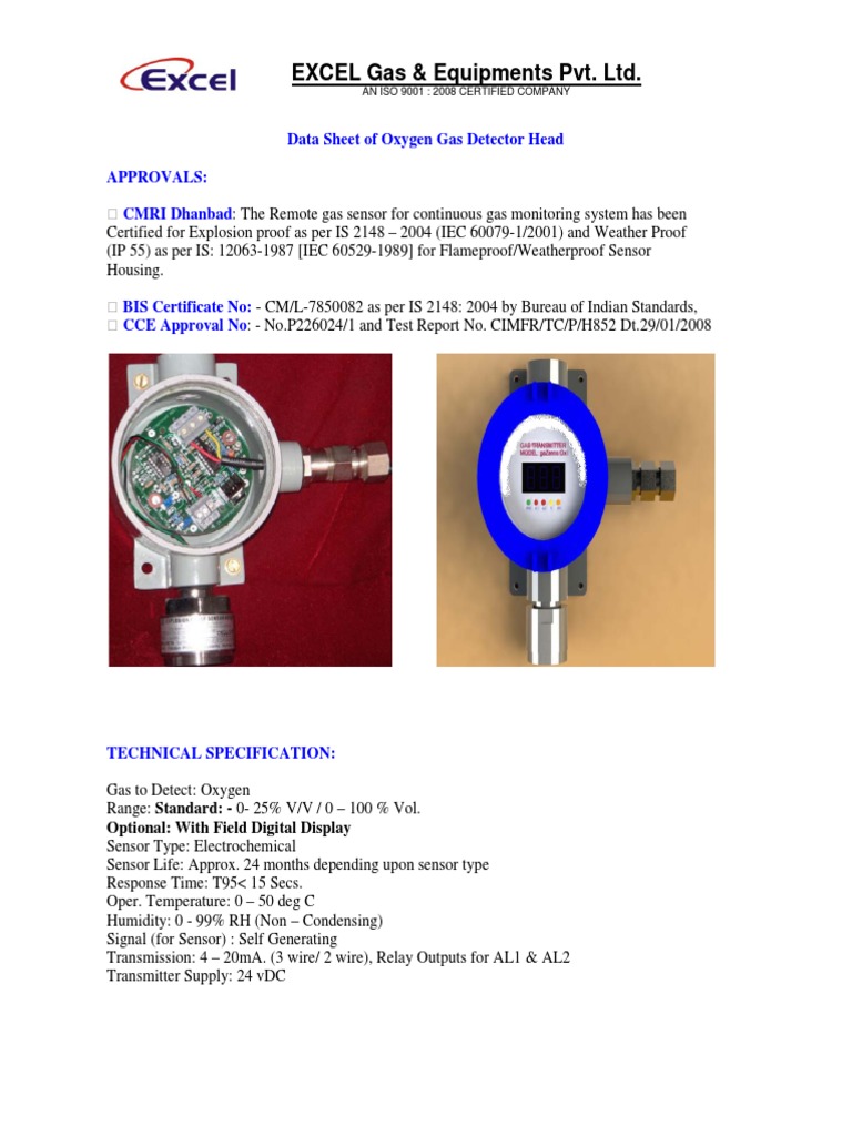 Data Sheet of Oxygen Gas Detector Head | PDF