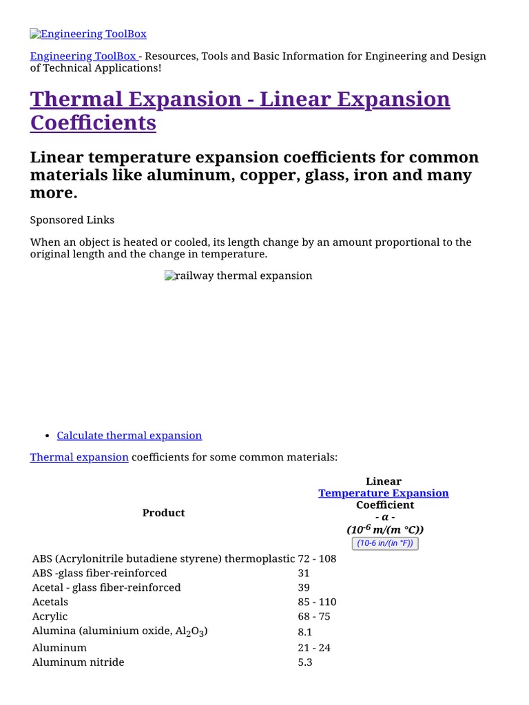 Thermal Expansion - Linear Expansion Coefficients | PDF | Thermal ...