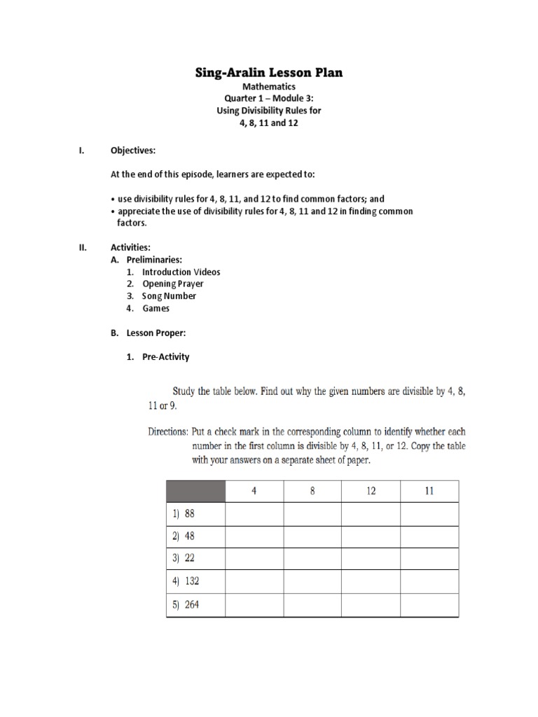 Sing Aralin Lesson Plan - Divisibility Rules For 4,8,12,&11 | PDF ...