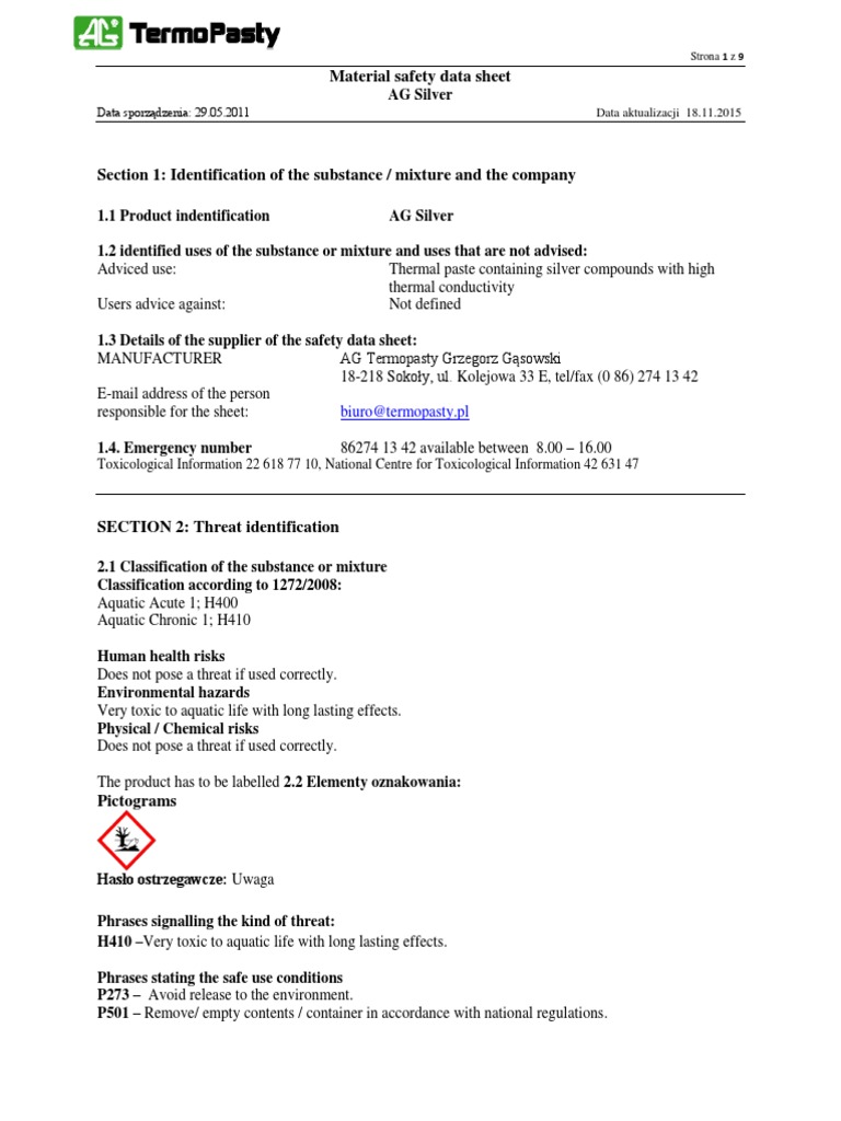 Thermal Paste Safety Sheet | PDF | Toxicity | Dangerous Goods