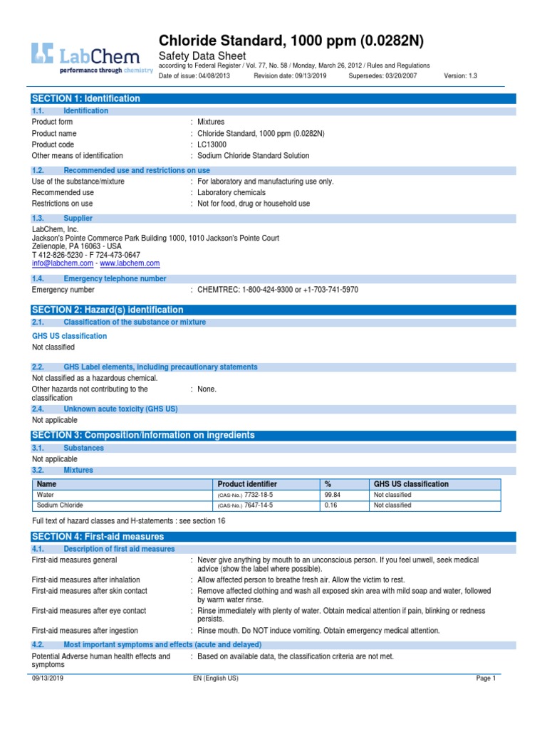 Chloride Reference Standard Solution 0,0282 N Msds | PDF | Toxicity ...