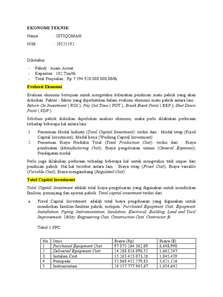 Analisis Kelayakan Pabrik Asam Asetat | PDF