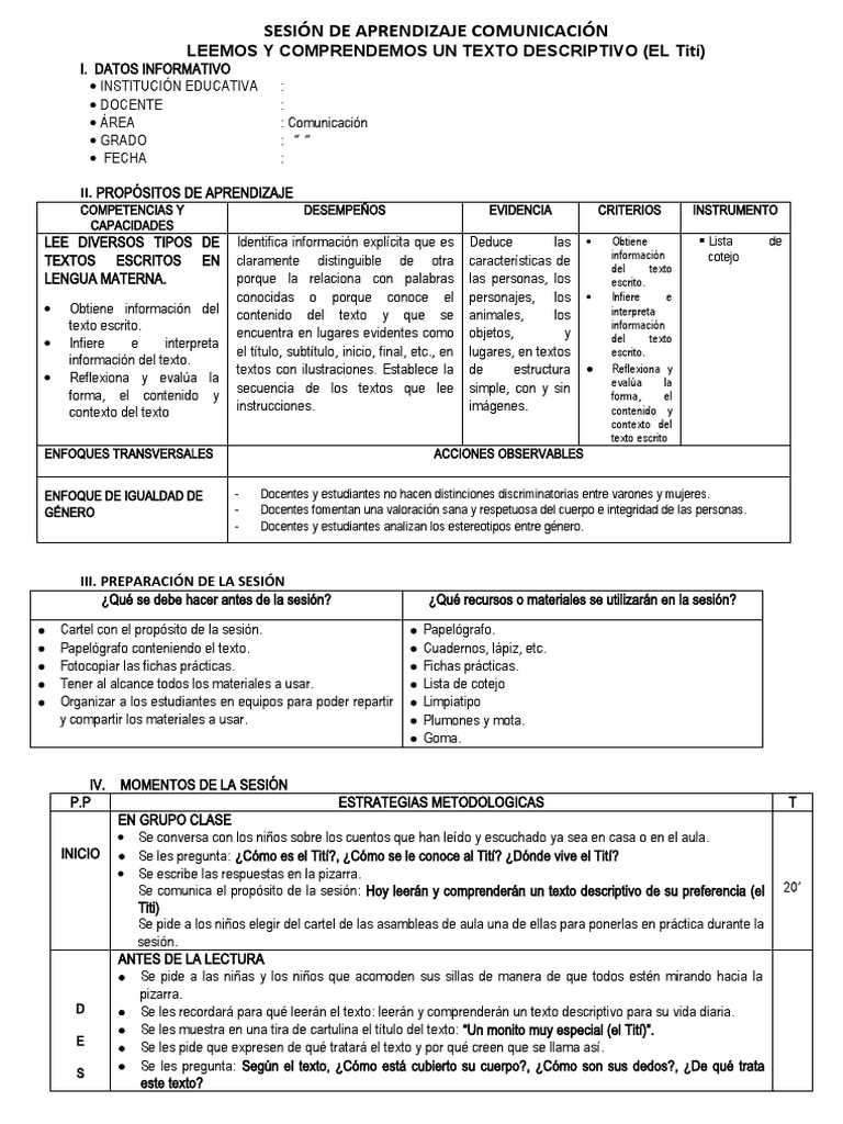 Leemos y Comprendemos Un Texto Descriptivo (El Titi) | PDF | Método de enseñanza | Aprendizaje