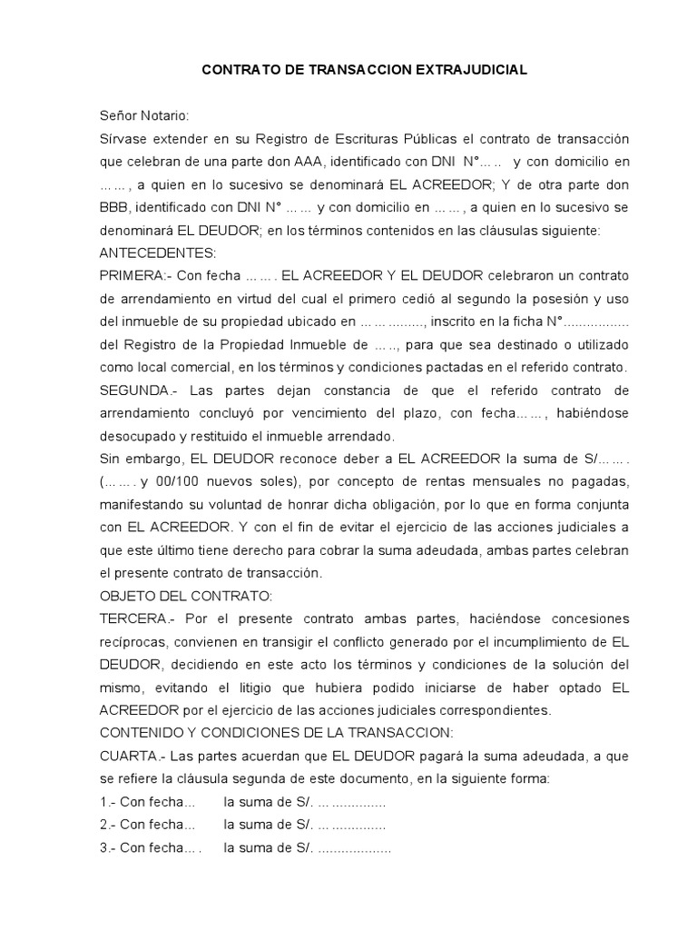 Contrato de Transaccion Extrajudicial | Descargar gratis PDF | Pagos ...