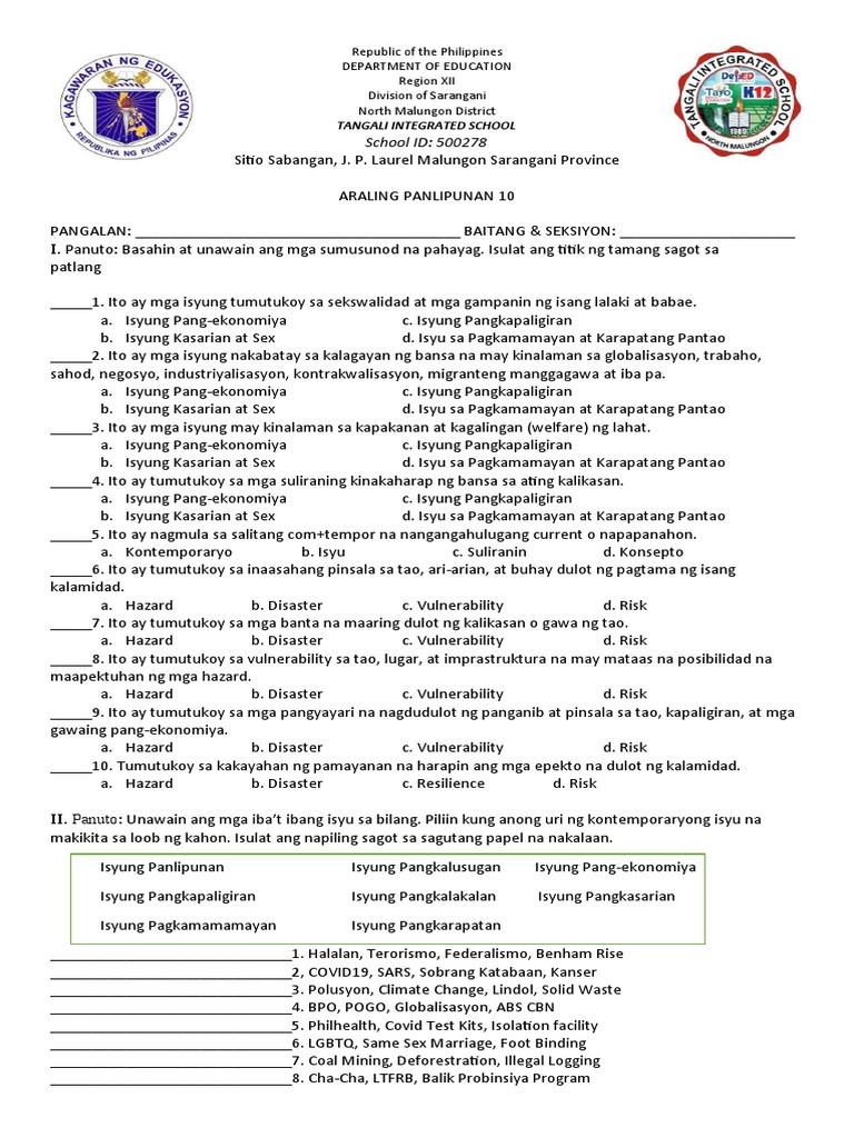 1st Quarter Exam AP G-10 | PDF
